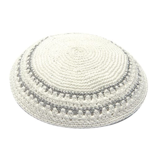 Knitted Kippah 15 Cm- White With Holes And Silver Stripes – ahuva.com
