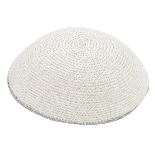 Knitted D.m.c Kippah 16 Cm - Sheer White With Silver Rim – ahuva.com