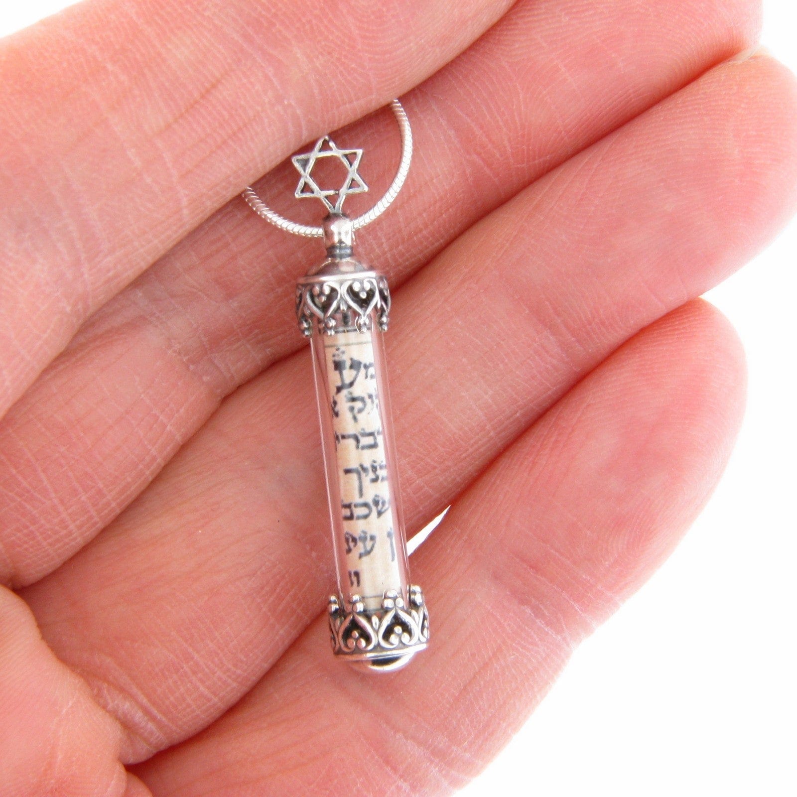 Vertical Mezuzah Pendant Necklace Silver Star of David Shema scroll on ...