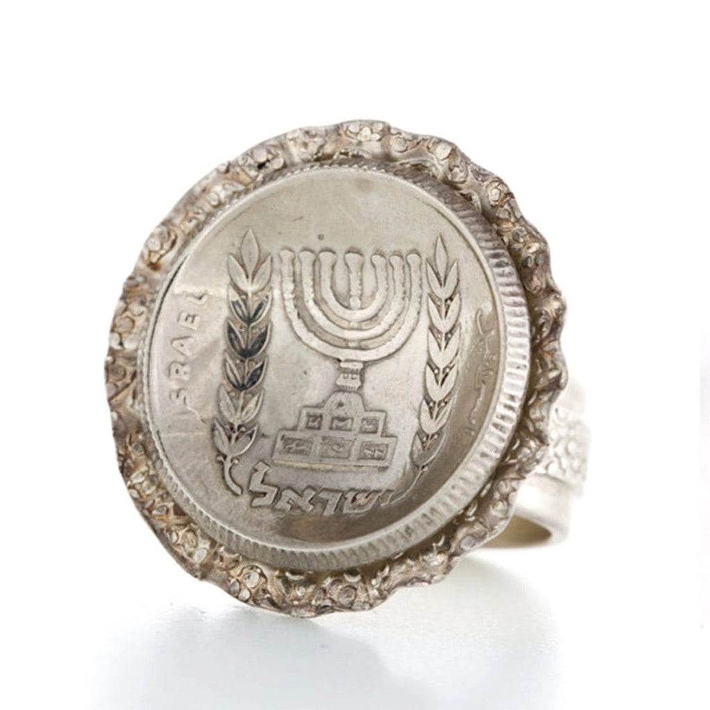 Israeli 1/2 Lira Old Coin Ring - Sterling Silver Menorah Ring - Jewish ...