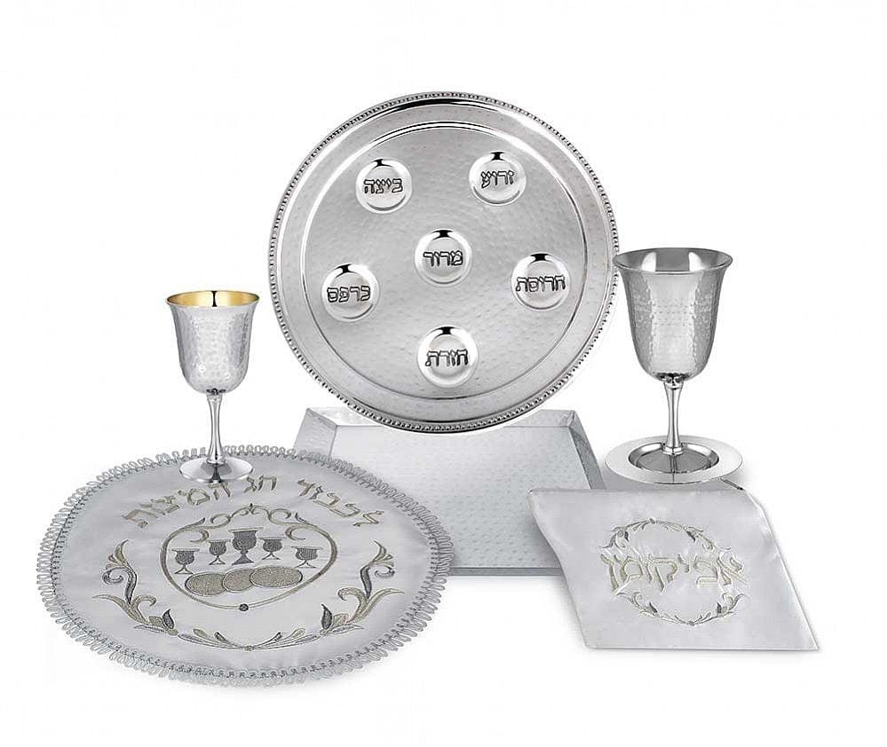 Elegant 6 Piece Passover Set - Hammered with Round Matzah Cover – ahuva.com