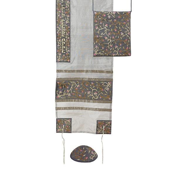 Tallit Set - Machine Embroidery - Flowers - Gray – ahuva.com